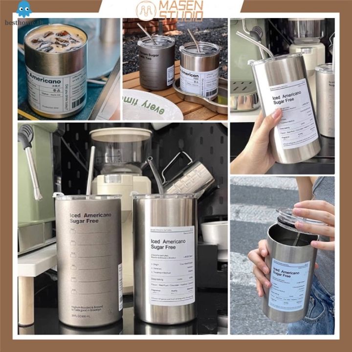 Ins 304 แก้ว แก้วเก็บความเย็น กระติกน้ำร้อน แก้วกาแฟ สเตนเลส พร้อมหลอดดูด กระติกเก็บความเย็น ...