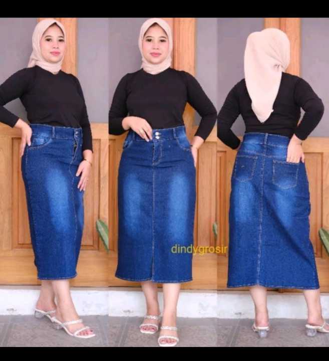 1 Rok Jeans span Midi 7/9 Prilla Tebal Dan Stretch Kancing. Rok Wanita ...