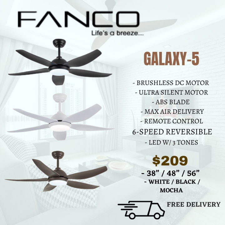 Fanco GALAXY 5 Designer ceiling fan with light, 5 blades, 6 blades, 38 ...
