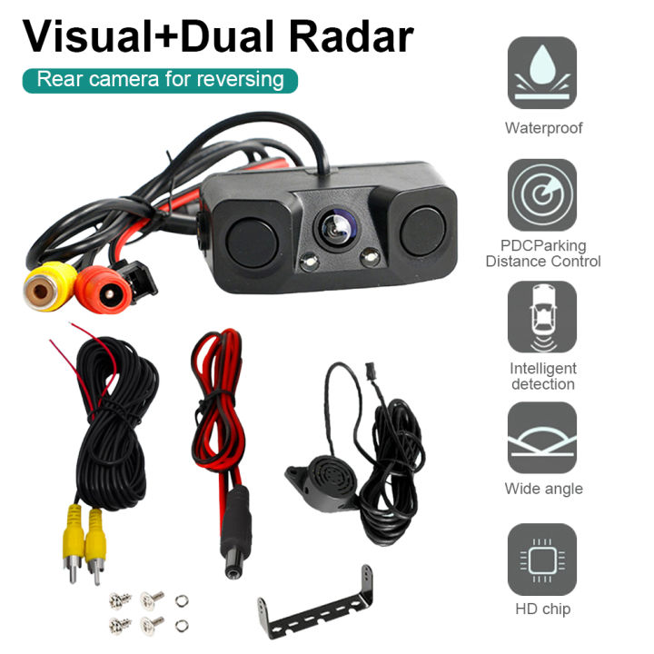 RF HD CCD Car Rear View Camera 3 in 1 Parking Radar Detector Sensor LED ...