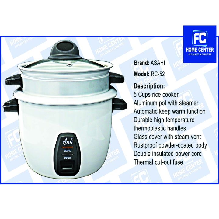 ASAHI RICE COOKER W/ STEAMER 5 CUPS RC 52 | Lazada PH
