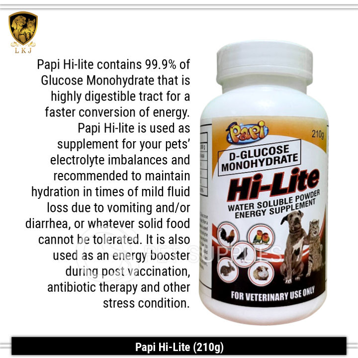 Papi Hi-Lite D-Glucose Monohydrate Water Soluble Powder Energy Supplement For Pets 210g | Lazada PH