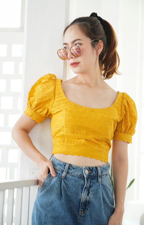 weerin dolly crop เสื้อครอปลูกไม้ แขนตุ๊กตา สีเหลือง | Lazada.co.th