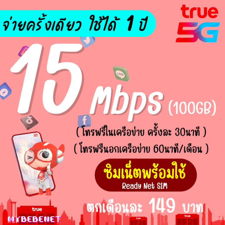 (ใช้ได้ทันที) ซิม TRUE เน็ตพร้อมใช้ 15 Mbps (100GB) + โทรฟรีทุกเครือข่าย ราย 3 เดือน 6 เดือน 1 ...