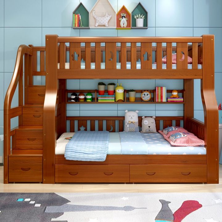Double Decker Bed Frame Double Bed Loft Bed High Low Solid Wood Bunk ...