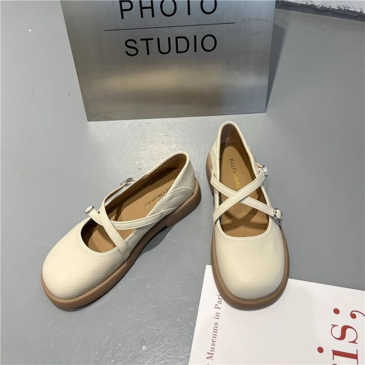 Round head soft bottom small leather shoes shallow mouth cross strap ...
