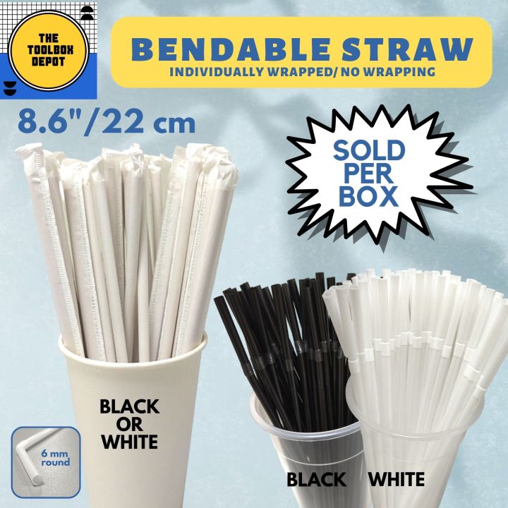 [50 PACKS] Bendable Straw BLACK | WHITE | Plastic Straw 100's ...