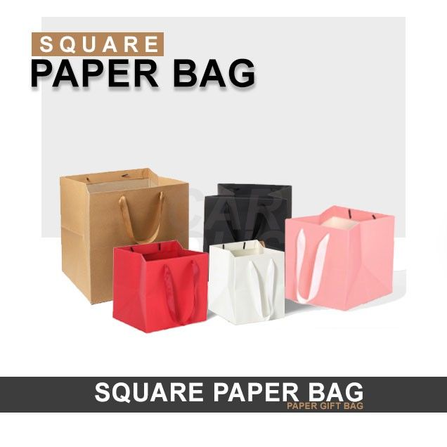 Square Paper Bag Brown/Black/Red/Pink cake box Kraft Plain Hand bag ...