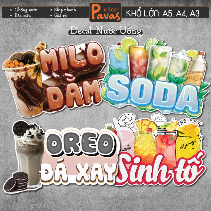 Decal Milo Dằm, Sinh Tố, Soda, Oreo Đá Xay chống nước trang trí dán ...