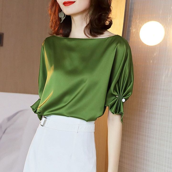 Aki20 Mercerized Satin Acetic Acid Fabric Blouse with Short Sleeves Is ...