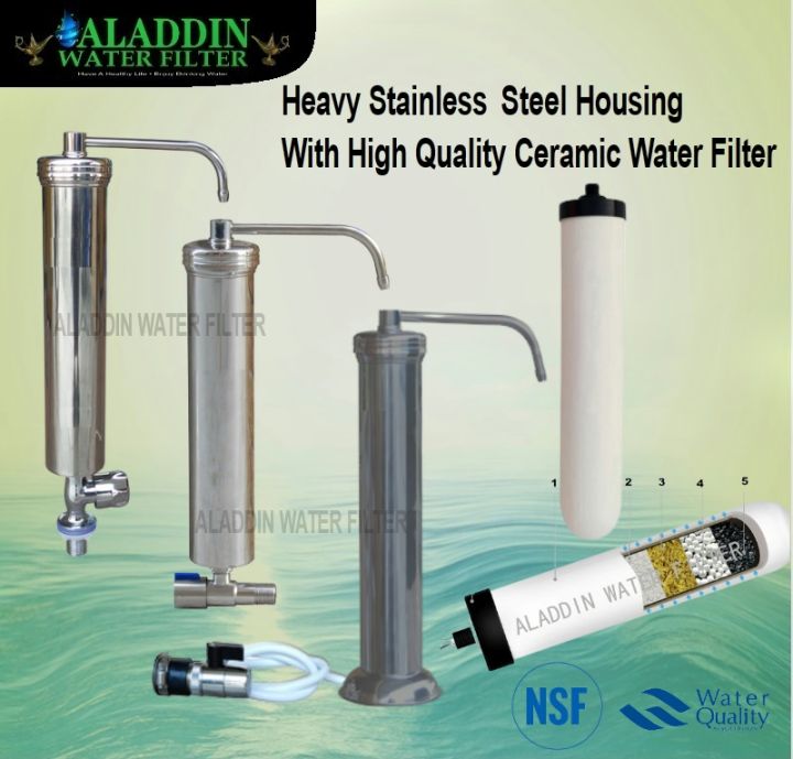 Indoor 10” Stainless Steel Countertop Ceramic Water Filter Set ...