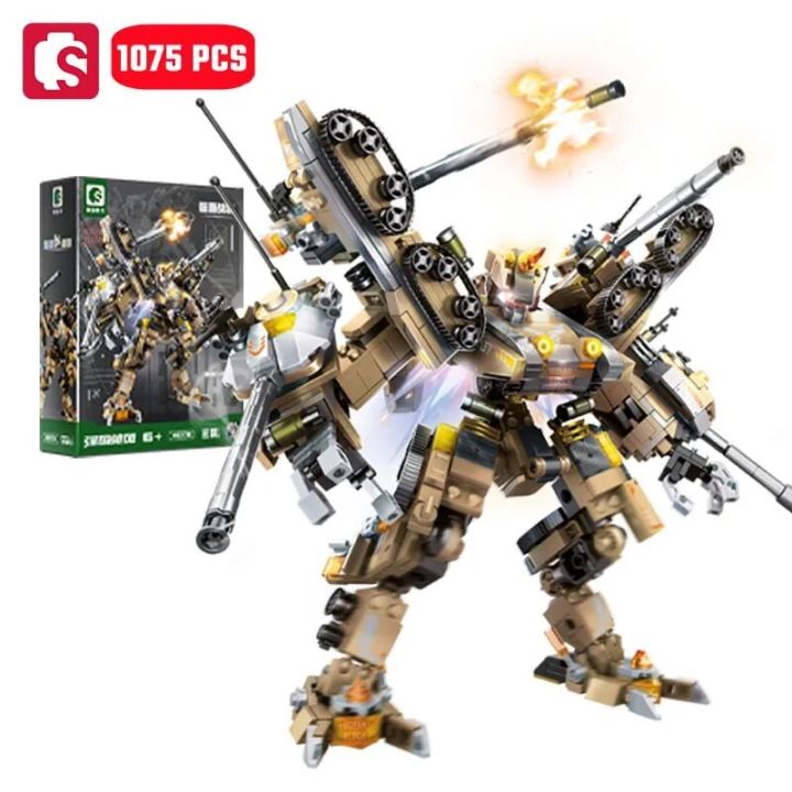 SEMBO 1075pcs Tank Transforming Mecha Robot Model Building Blocks MOC Military Series Vehicle ...