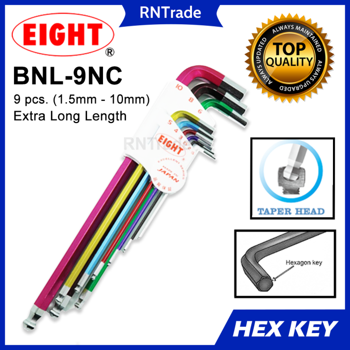 EIGHT Allen Wrench Hex Key Set BNL-9NC 9pcs (1.5mm to 10mm) Xtra Long, Ball point, Color Coded ...