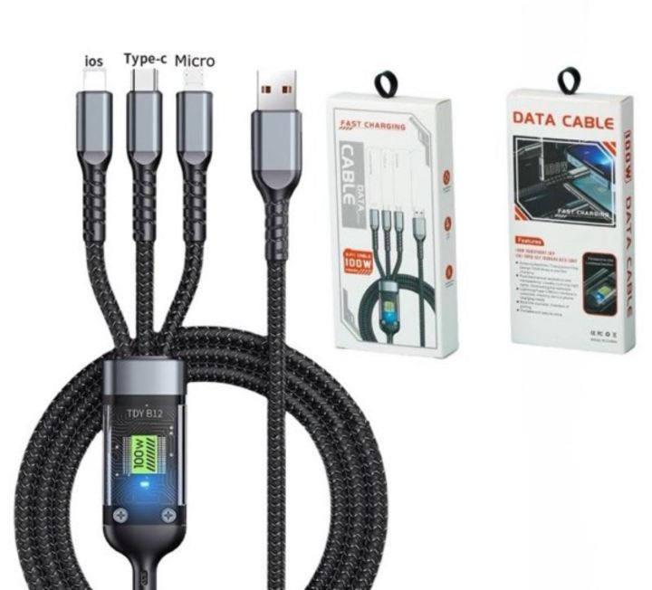 Kabel Data 3 in1 USB Micro Type C Lightning 100Watt LED Indikator Display FastCharging Support ...