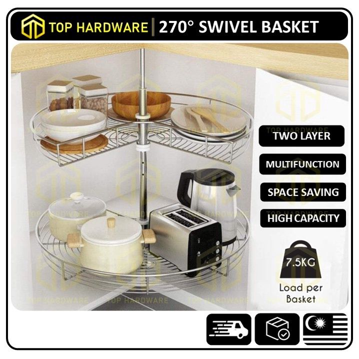 TOP🇲🇾 270° STAINLESS STEEL Swivel Corner Basket With Pole Insert Basket ...