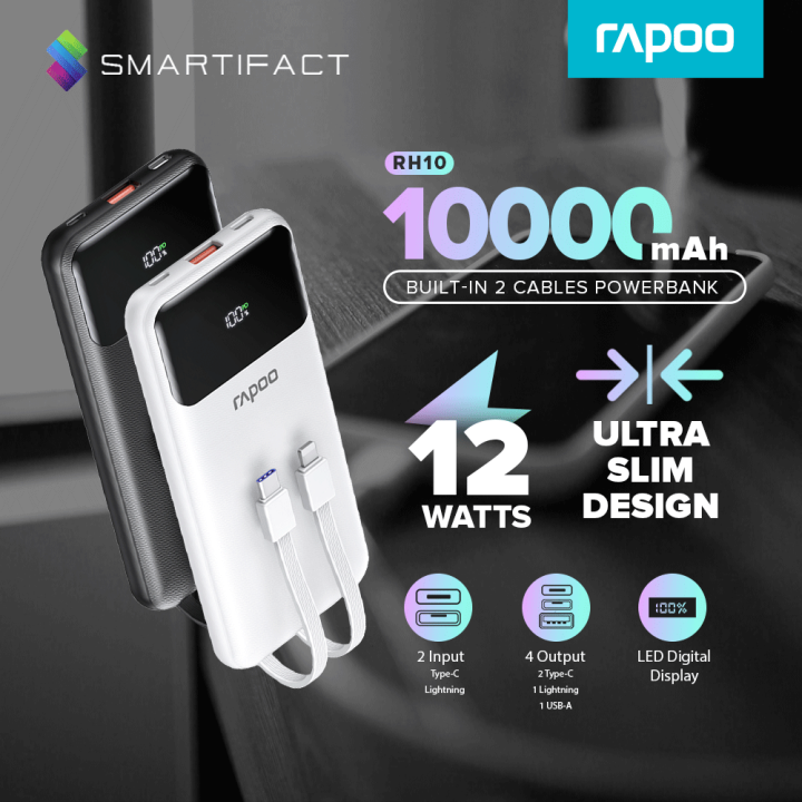 Rapoo RH10 10000mAh Powerbank Built-in Cables 12W Super Fast Charging ...