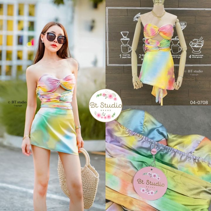 งานป้าย BT-Studio set 2ชิ้นเสื้อเกาะอกแต่งบิดเว้าใต้อกและช่วงเอวผ้าผูกโบว์ด้านหลัง สม๊อคหลัง ...