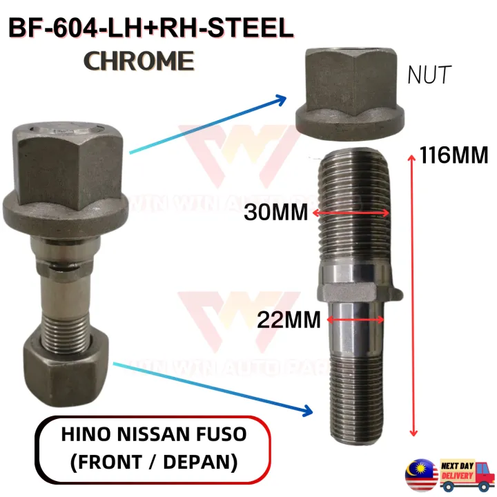 Hub Bolt Hino Nissan Fuso 30MM (CHROME) Wheel Hub Bolt (Front/Depan ...