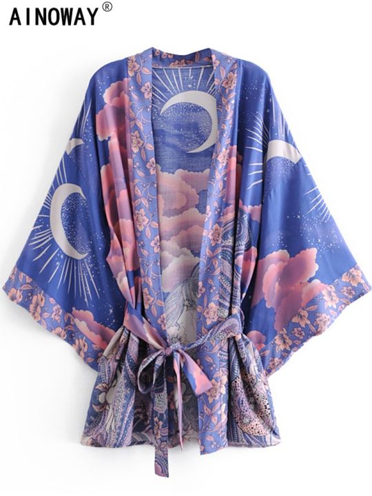 Boho Vintage Star and Moon Floral Print Sashes Women Bohemian V Neck ...