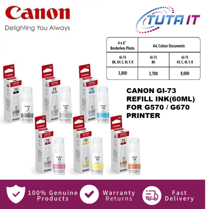 Canon GI-73 GI73 Original Refill Ink Bottle (BLACK/ CYAN / YELLOW / MAGENTA / RED / GREY) For ...