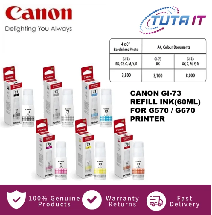 Canon GI-73 GI73 Original Refill Ink Bottle (BLACK/ CYAN / YELLOW ...