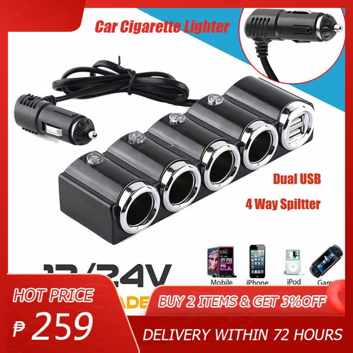 4 Way Car Cigarette Lighter Splitter Multi Socket Dual USB Plug Charger ...