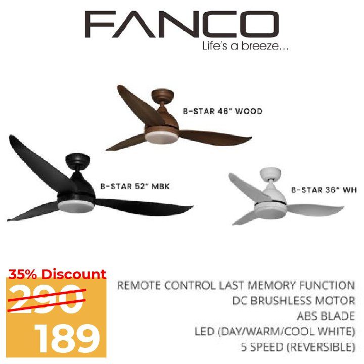 Fanco B-Star Ceiling Fan Wood/White/Matte Black 36" 46" 52" | Lazada ...