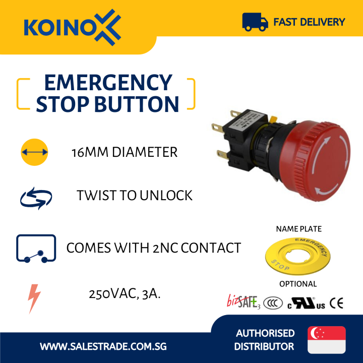 Emergency Stop Switch 16mm with name plate. E-stop push button. Local ...