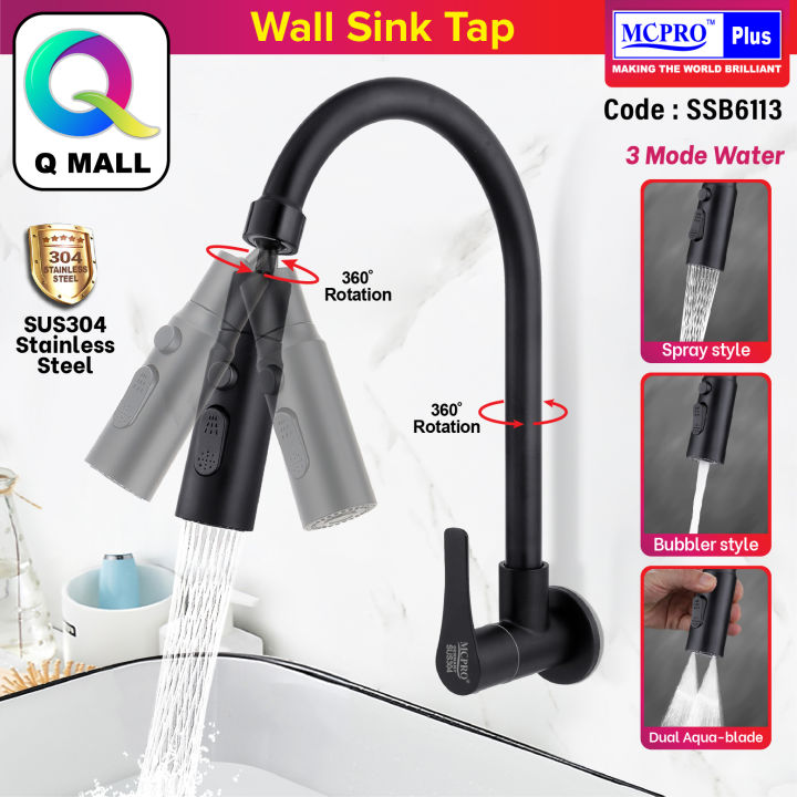 MCPRO SUS304 Stainless Steel Kitchen Faucet BLACK Wall Sink Water Tap ...