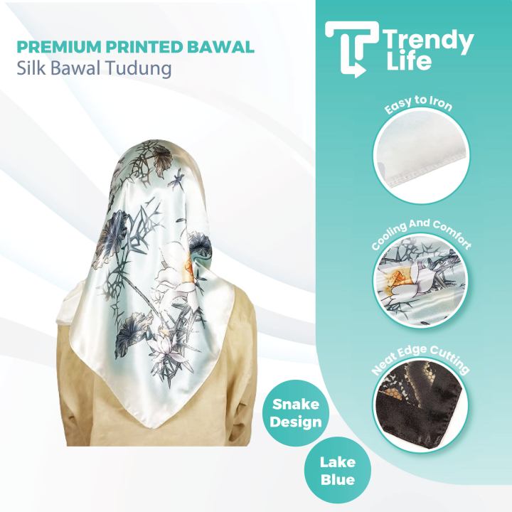 Bawal Satin Print Tudung Hijab Square Cotton Scarf Corak Bunga Ular ...