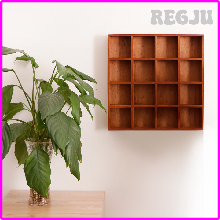 REGJU Vintage Wooden Storage Cabinet Cubes Case 16 Small Grids Box Wall Mount Shelf Grids for ...