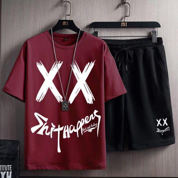 Two Piece Set Men 2022 Summer Loose Tide Hip Hop Short Sleeve T Shirt