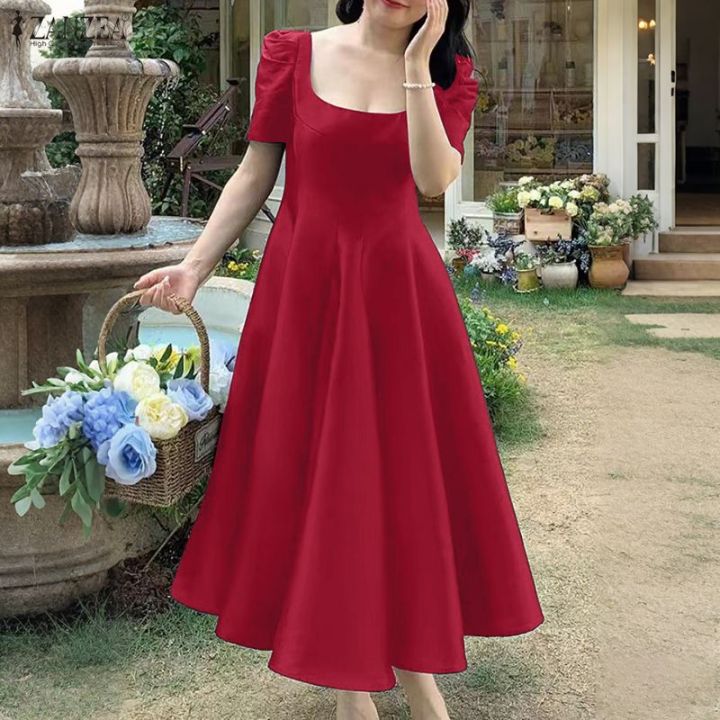 ZANZEA Korean Style Women Elegant Square Neck A-Line Plain Dresses ...