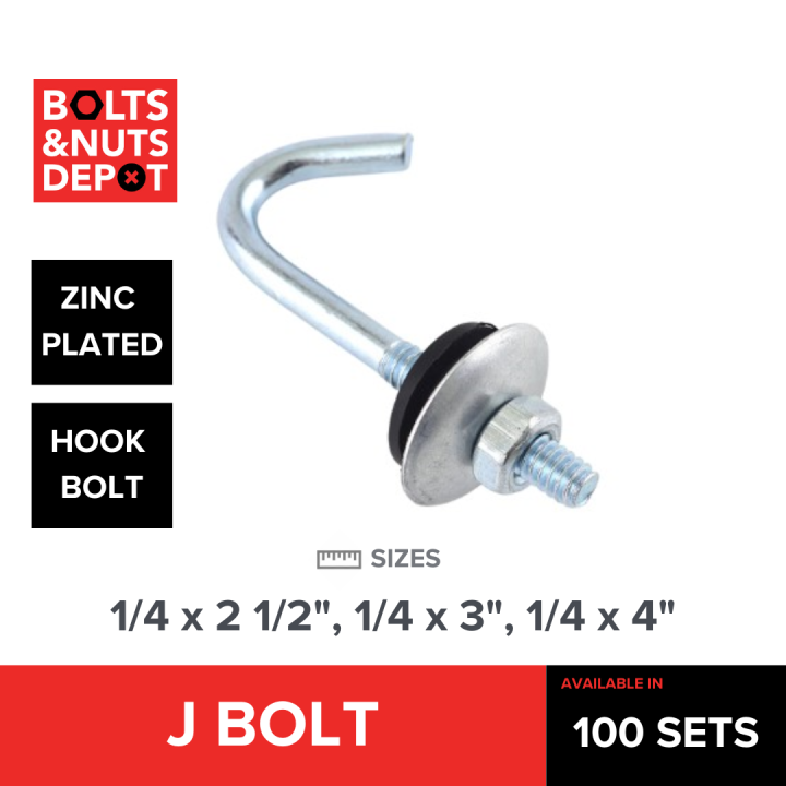 J BOLT SET/ HOOK BOLT/ ROOFING SCREW - 1/4 X 2 1/2 , 3, 4 (100 SETS ...