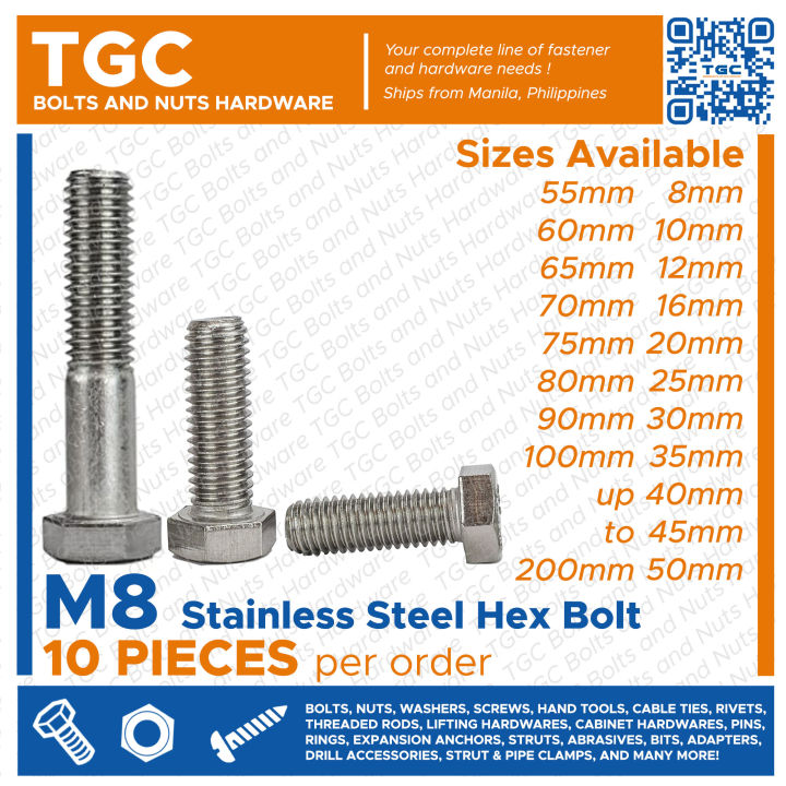 TGC 10/1PCS SS Hex Bolt M8 x 12~200 mm SUS Capscrew | Stainless Hexagonal Bolt | SS304 Hex Bolt ...