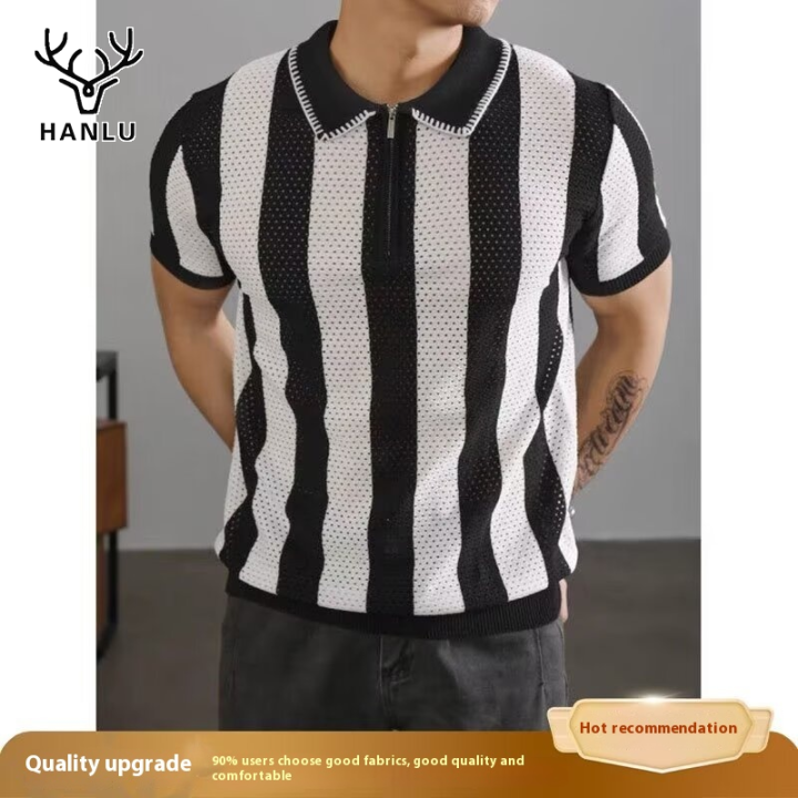 Hanlu เสื้อโปโลใหม่ INS แฟชั่นดีไซน์ลายขวางถักเย็บด้วยไหมพรม | Lazada.co.th