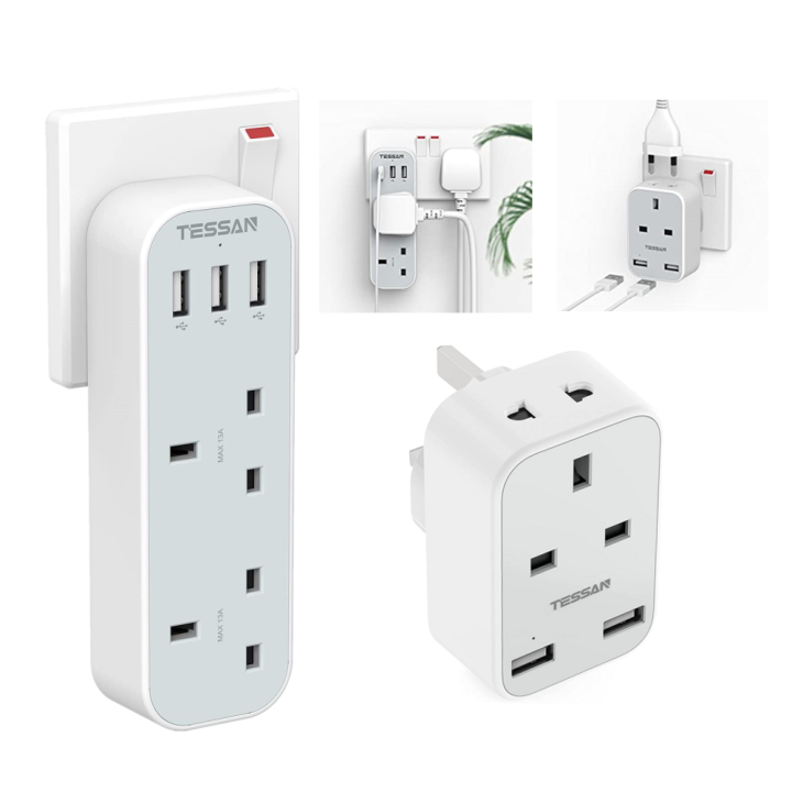 TESSAN 3 Pin Plug Socket Adapter, Multi Plug Adapter Wall Socket, Multi ...