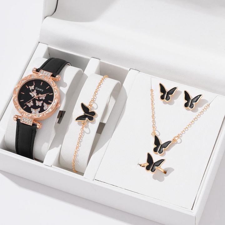 6 Pcs Butterfly Women Quartz Watch Setwith Rings Bracelets Earrings