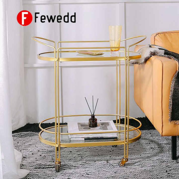 Oval Gold Bar Cart with 4 Wheels 2-Tier Deluxe Tray Metal Mirrored ...