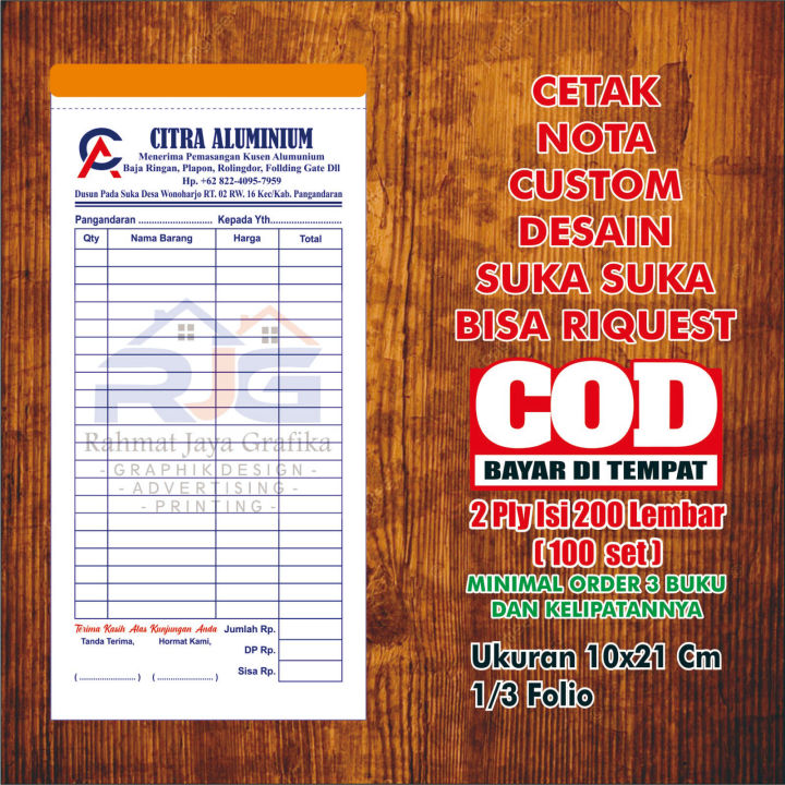 Cetak Nota Custom Nama Sendiri Ukuran 1/3 Folio 2ply Isi 100 set Cetak ...