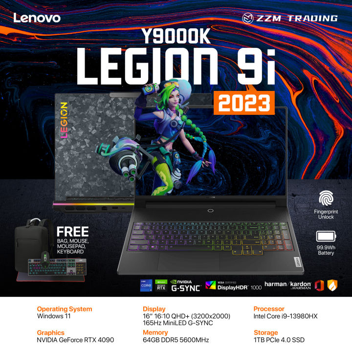 PREORDER Lenovo Legion 9i Y9000K 2023 i9-13980HX RTX4090 16" 3.2k 165Hz 64GB RAM 2TB SSD ZZM ...