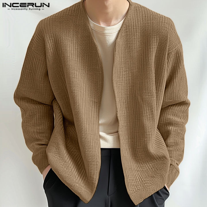 INCERUN Jackets for Men Collarless Textured Long Sleeve Casual Jacket ...