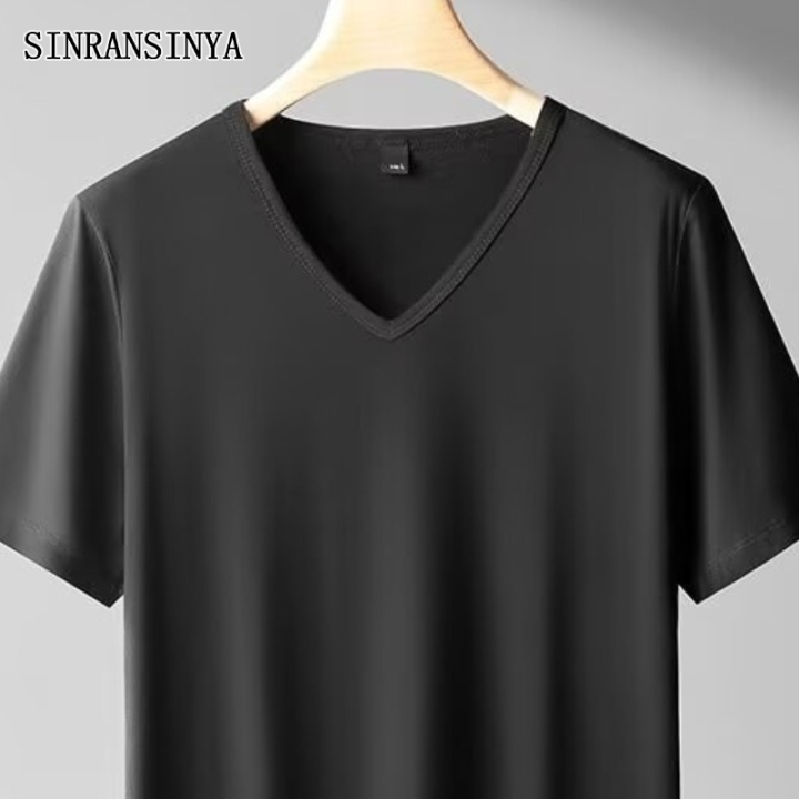 SINRANSINYA丨เสื้อยืดผู้ชายแขนสั้นคอวีทรงเข้ารูประบายอากาศเสื้อซับในสี ...