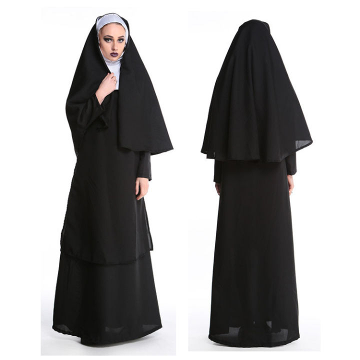 Women Nun Costume Halloween Black Christian Catholic Chaplain Robe ...