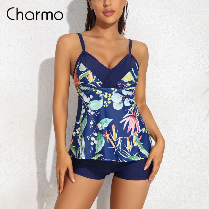 Charmo Two Pieces Tankini Set For Women Retro Print V Neck Swimsuit ...