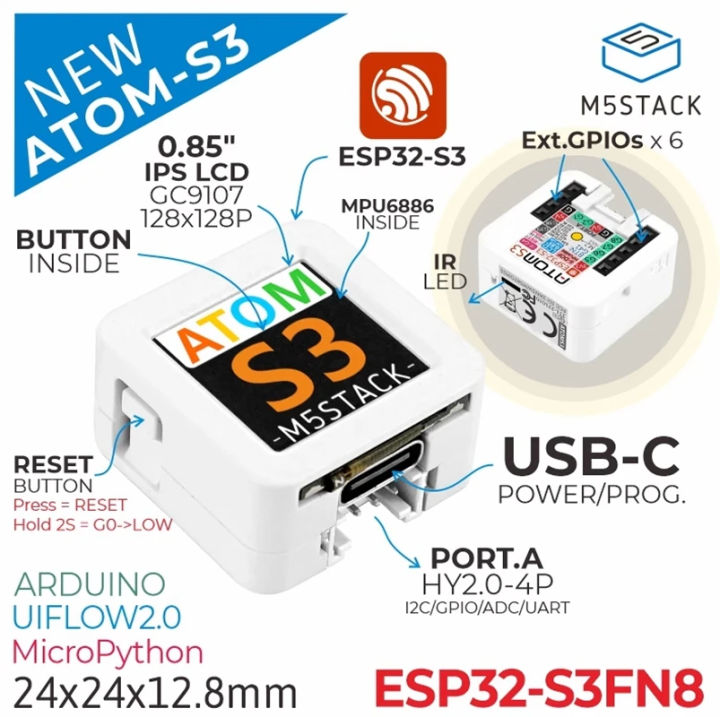 M5Stack AtomS3 ESP32-S3 Main Control Programmable Controller Embedded IoT Applications | Lazada