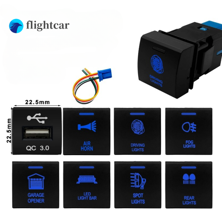 （FT）12V Blue Led Push Button Switch & USB Led Light Bar 22 x 22mm For ...