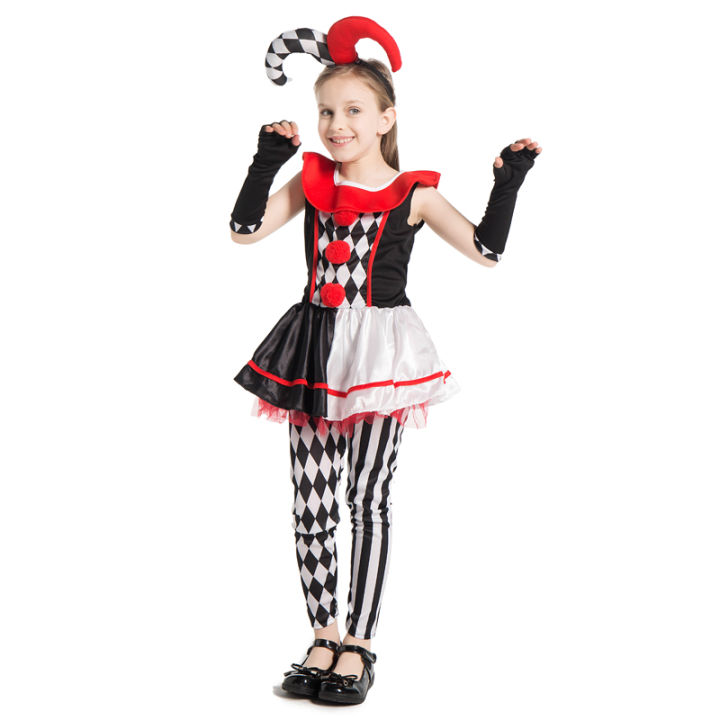 Girls Jester Clown Costume Halloween Kids Circus Scary Villain Tutu ...