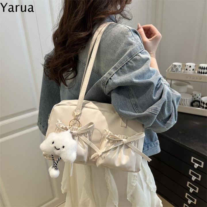 YARUA สง่างาม กระเป๋าโบว์ลิ่ง โบว์ แบบฝรั่งเศส กระเป๋าสะพายบอสตัน วินเท ...