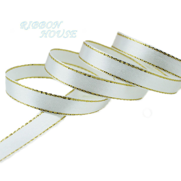 (25 yards/lot) 10mm satin ribbon white gold edge wholesale high quality ...